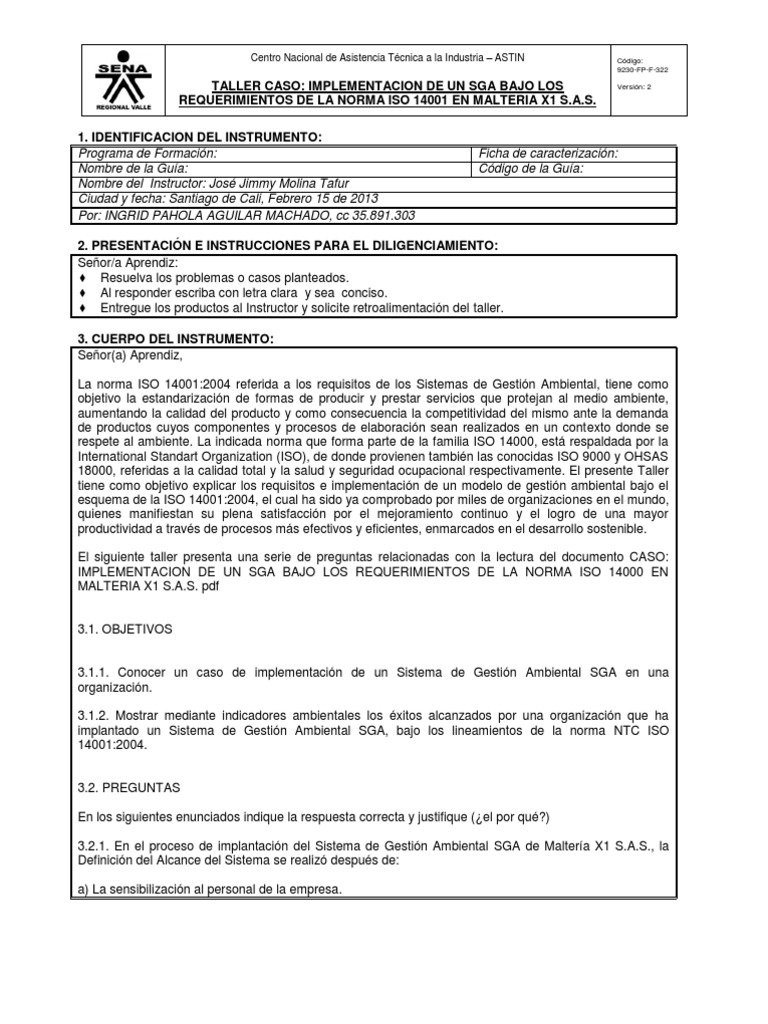 4 Taller Caso Implementacion de Un Sga Bajo Los Requerimientos de La Norma NTC Iso 14001 en ...