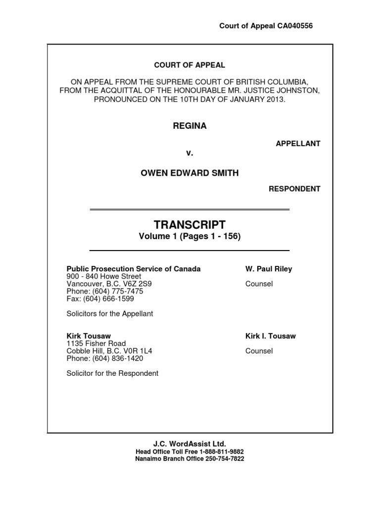 R. v. Smith Transcripts Volume 1 | PDF | Cross Examination | Witness