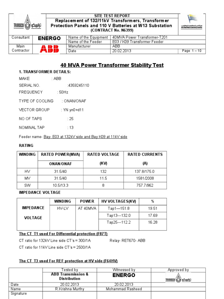 T1 Transforemer Stability Test Report | PDF | Electrical Substation ...