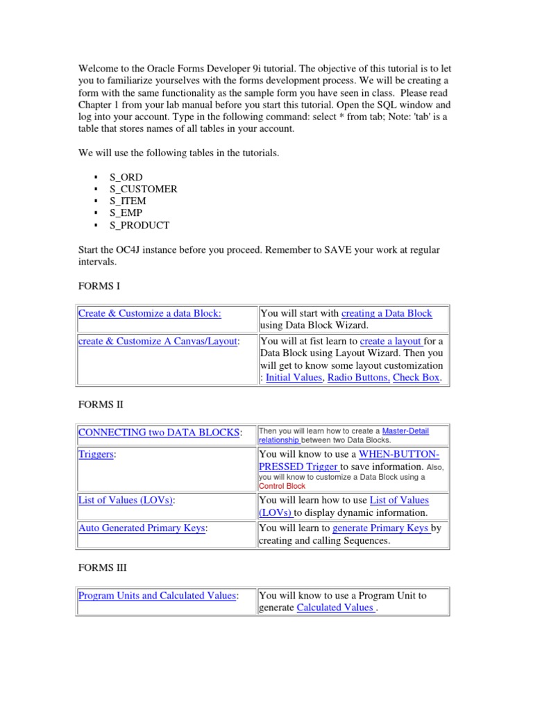 Oracle Forms Developer 9i Tutorial | PDF | Pl/Sql | Button (Computing) Oracle Forms Developer 9i Tutorial | PDF | Pl/Sql | Button (Computing)