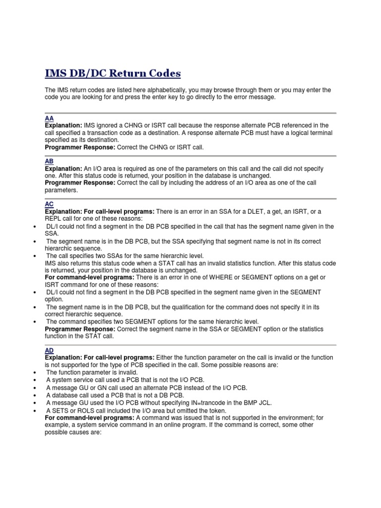 IMS DB Return Codes | Download Free PDF | Programmer | Parameter (Computer Programming)