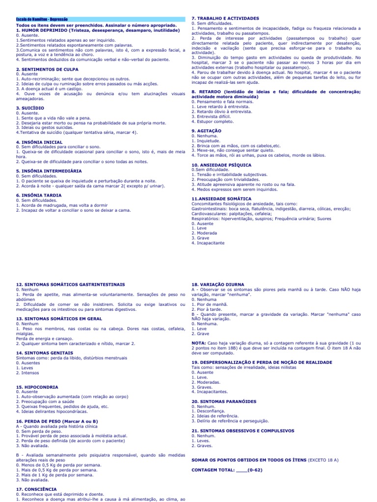Escala de Hamilton PDF | PDF | Depressão | Ansiedade