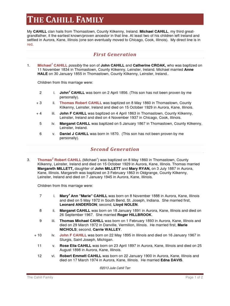 Cahill Family | PDF | Kinship And Descent | Genealogy