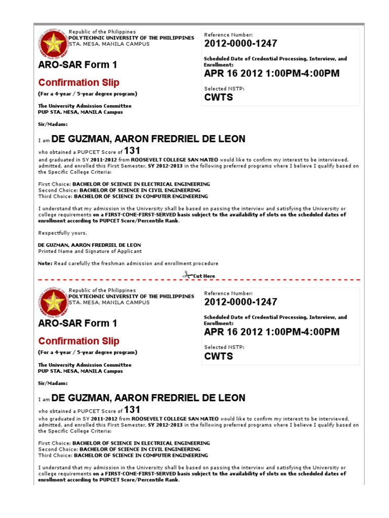 Pup Aro-Sar Form 1 | PDF | Bachelor Of Arts | Secondary School