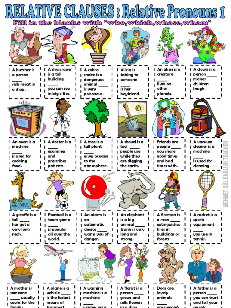 Relative Clauses Relative Pronouns Who Which Whose Whom Worksheet 1 | PDF
