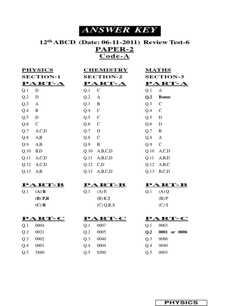 Answer Key: 12 ABCD (Date: 06-11-2011) Review Test-6 | PDF