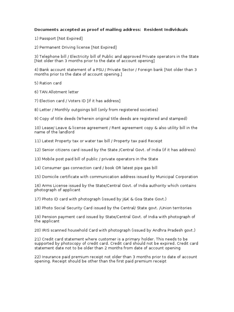 Documents Accepted As Proof of Mailing Address | PDF | Service ...