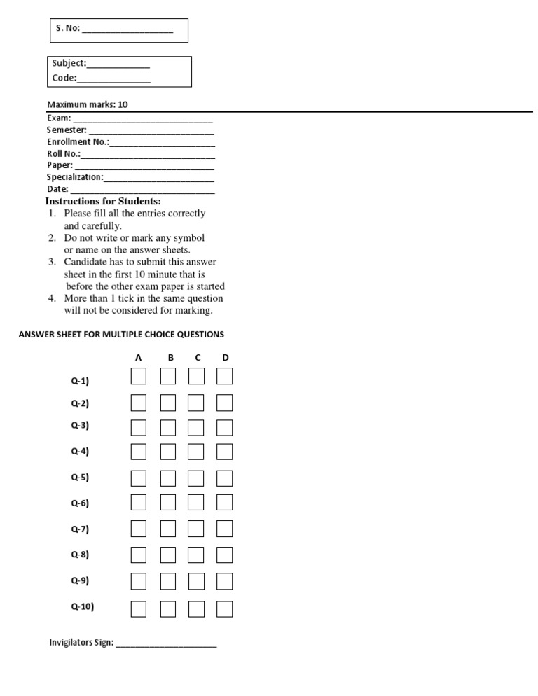 2012 MCQ Exam Answer Sheet Template | PDF