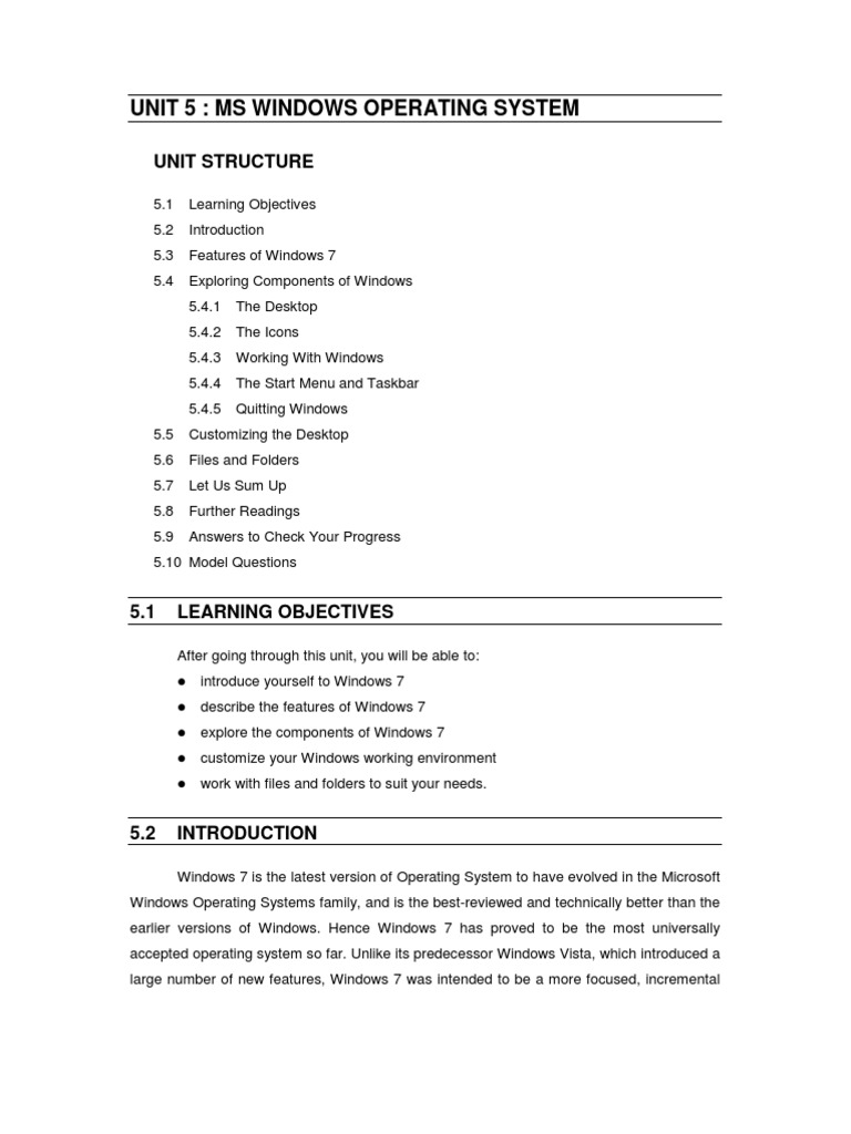 Unit 5 Ms Windows Operating System | PDF | Windows 7 | Microsoft Windows
