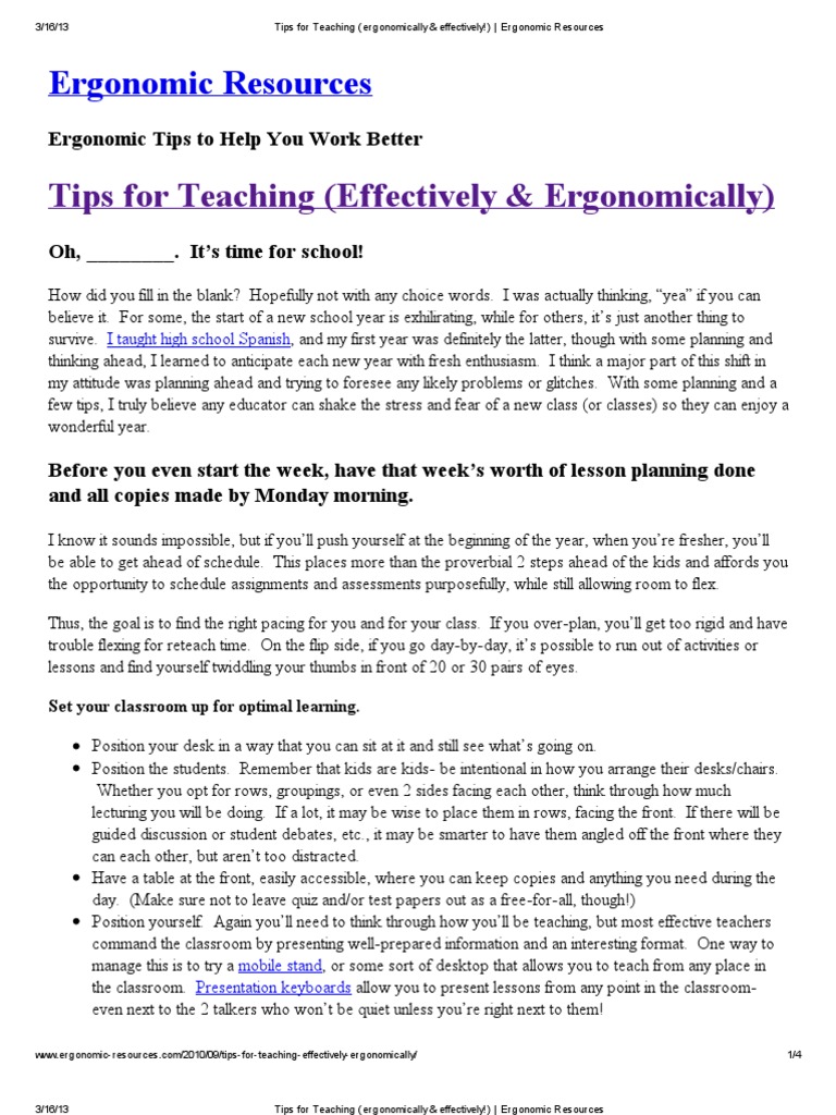 Ergonomic Teaching Tips for Educators | PDF | Classroom | Communication
