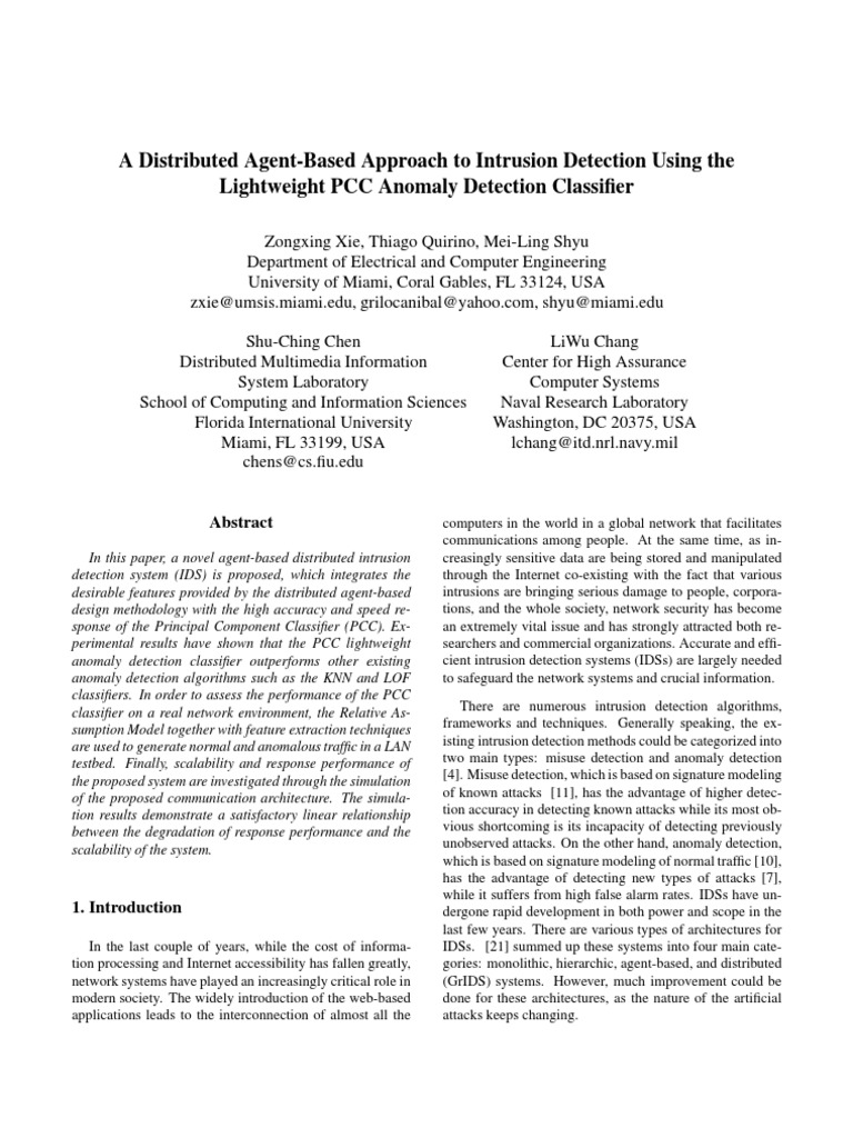A Distributed Agent-Based Approach To Intrusion Detection Using The Lightweight PCC Anomaly ...