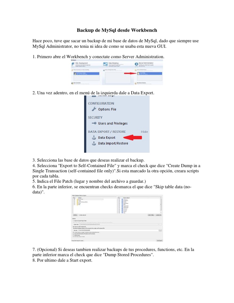 Backup MySQL con Workbench | PDF