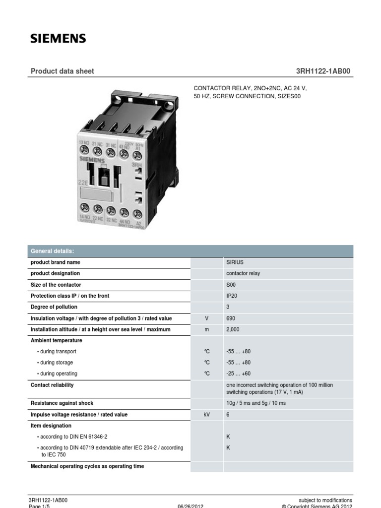 Product Data Sheet 3RH1122-1AB00: Contactor Relay, 2No+2Nc, Ac 24 V, 50 HZ, Screw Connection ...