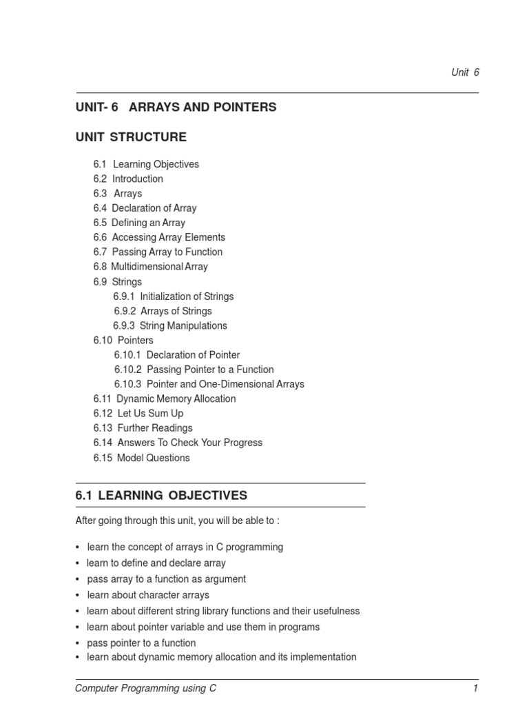 Unit 6 - Arrays and Pointers | PDF | Array Data Structure | Pointer (Computer Programming)