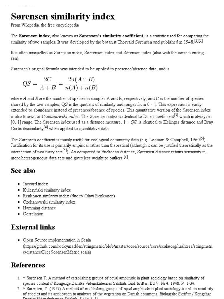 Sørensen Similarity Index - Wikipedia, The Free Encyclopedia | PDF ...