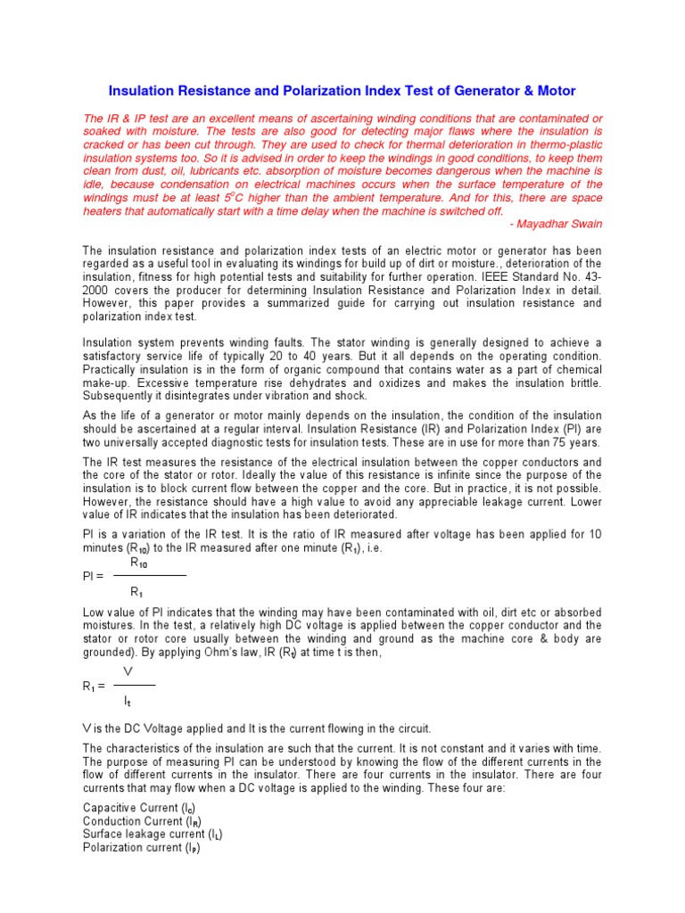 Insulation Resistance and Polarization Index Test of Generator & Motor ...