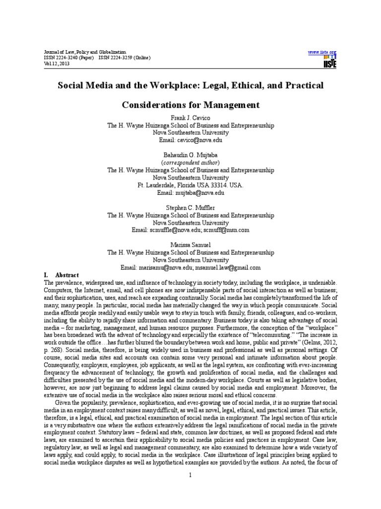 Social Media and The Workplace Legal, Ethical, and Practical ...