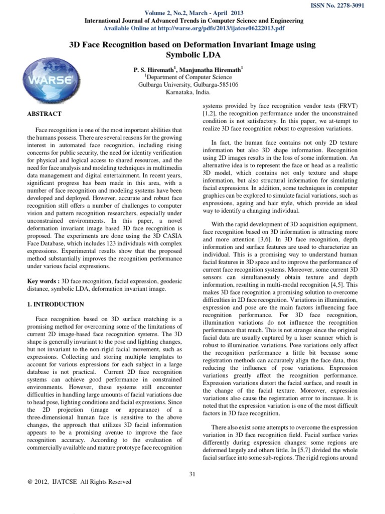 3D Face Recognition Based On Deformation Invariant Image Using Symbolic LDA | PDF | 3 D Computer ...