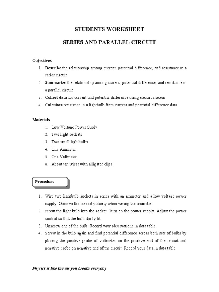 Series vs Parallel Circuit Worksheet | PDF | Series And Parallel ...