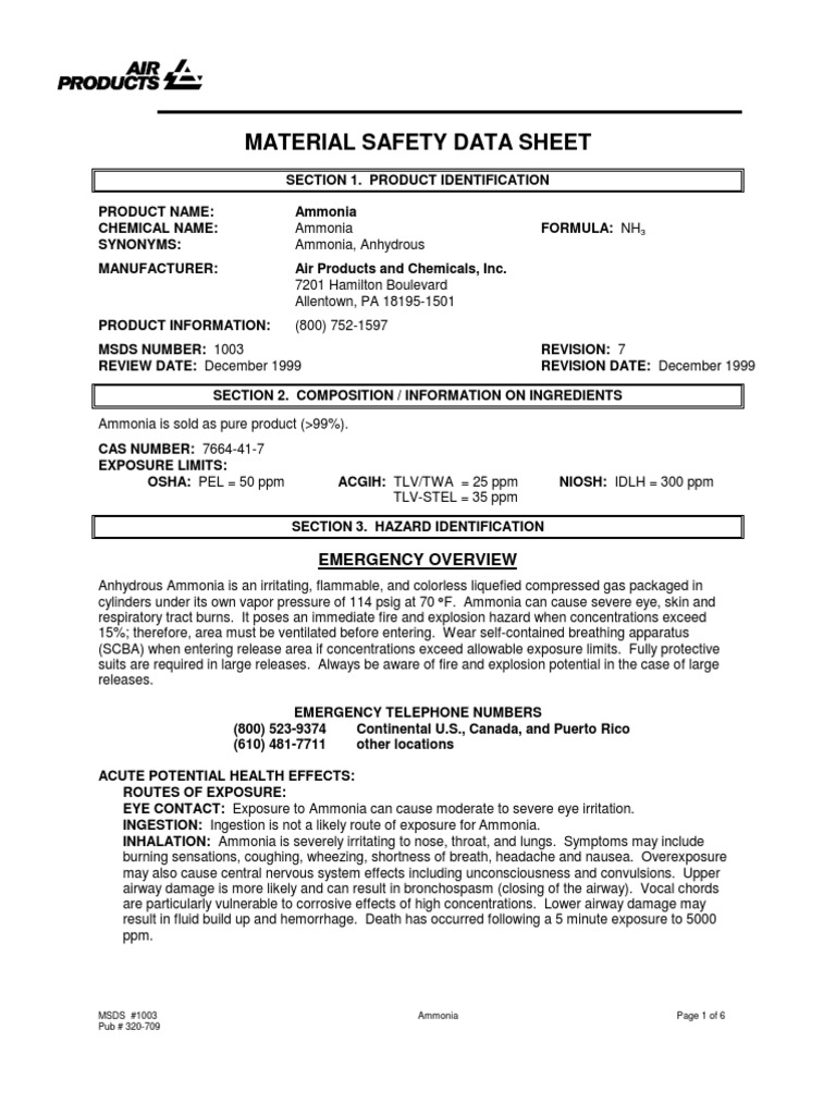 Material Safety Data Sheet: Emergency Overview | PDF | Dangerous Goods | Ammonia