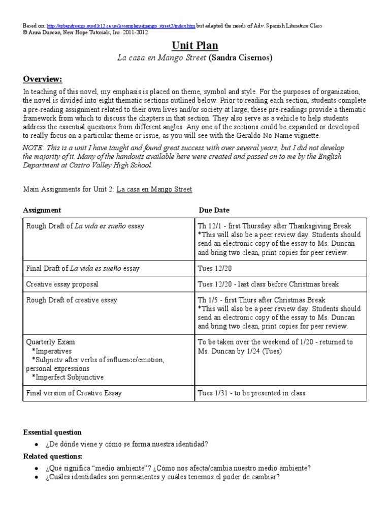 La Casa en Mango Street - Unit & Lesson Plans | PDF | Adolescence ...