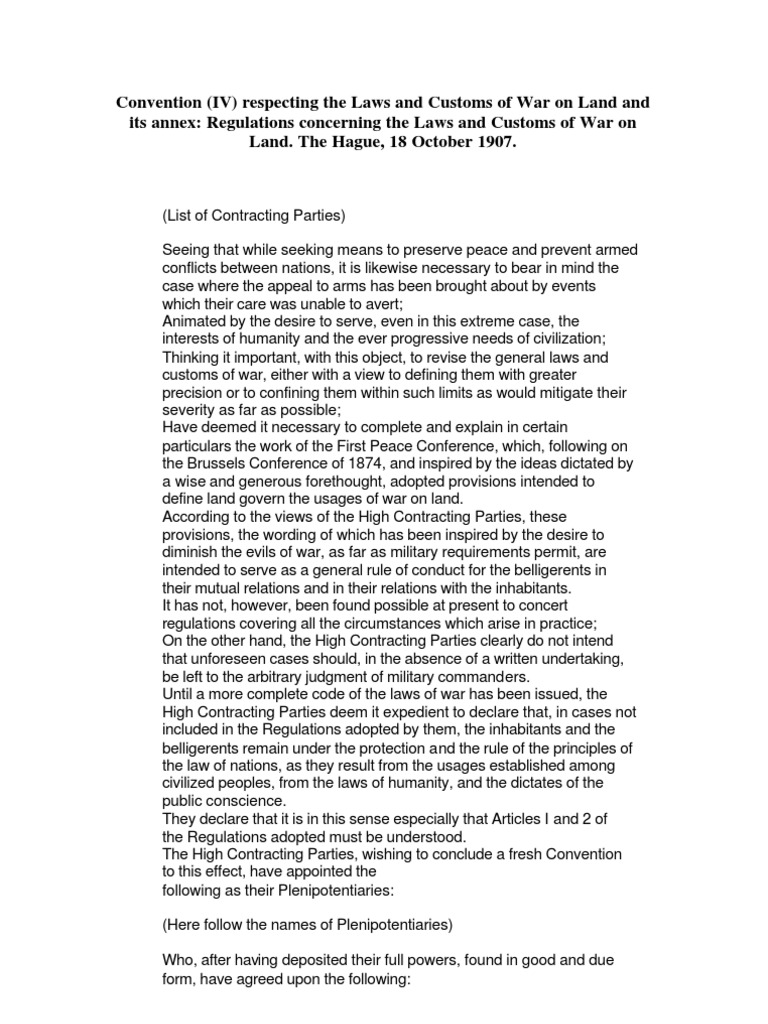 1907 Hague Convention on War Laws | PDF