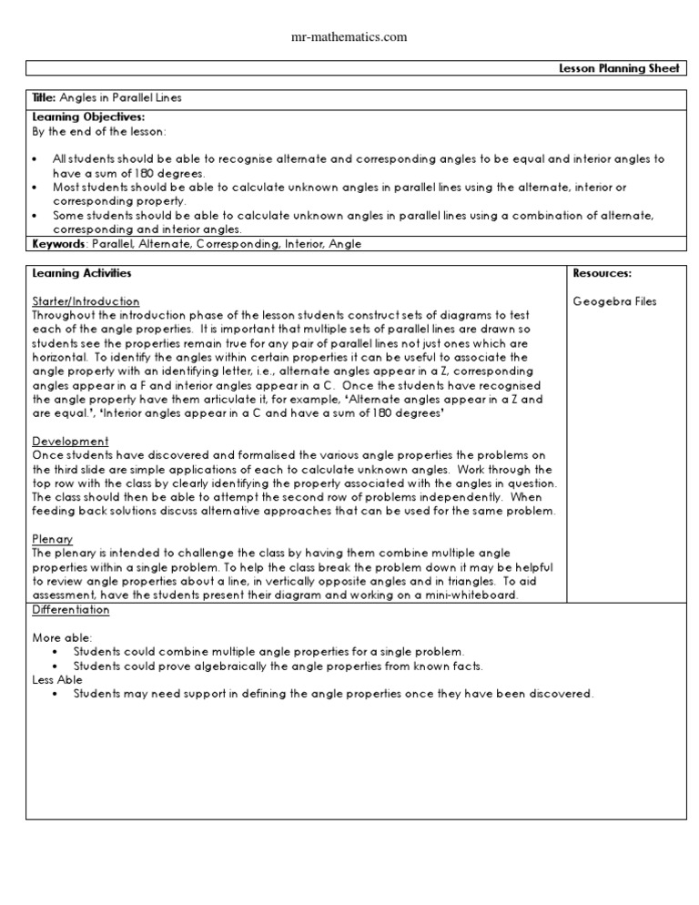 Lesson Plan Parallel Lines | PDF | Angle | Series And Parallel Circuits