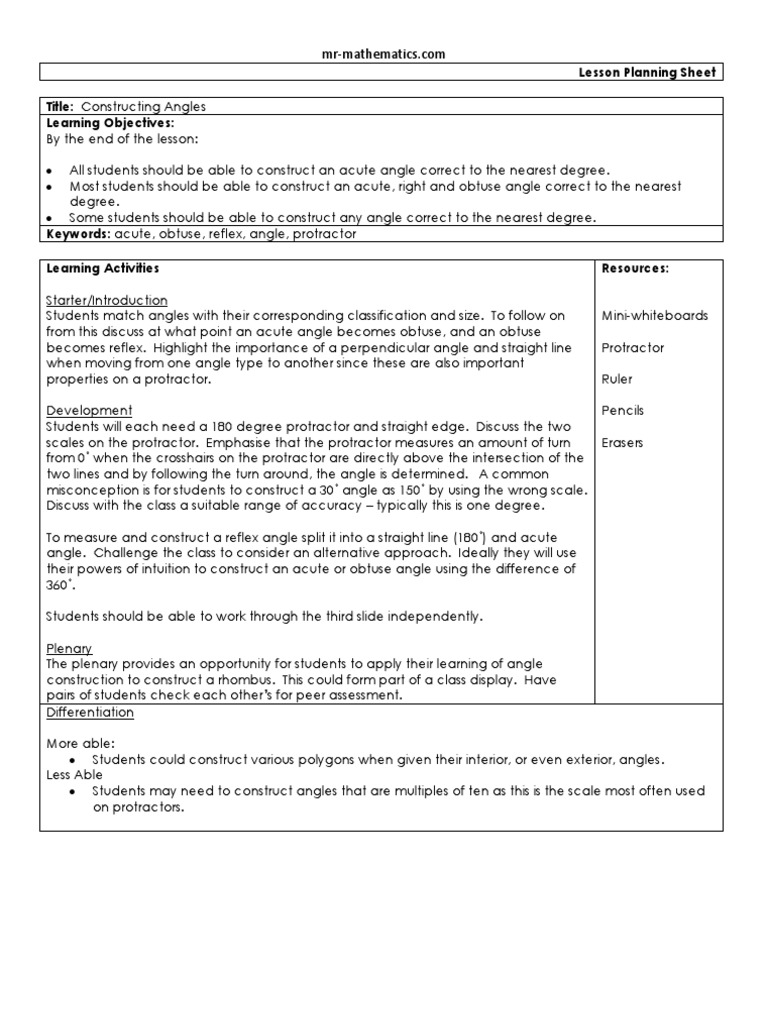 Lesson Planning Drawing Angles | PDF | Angle | Lesson Plan