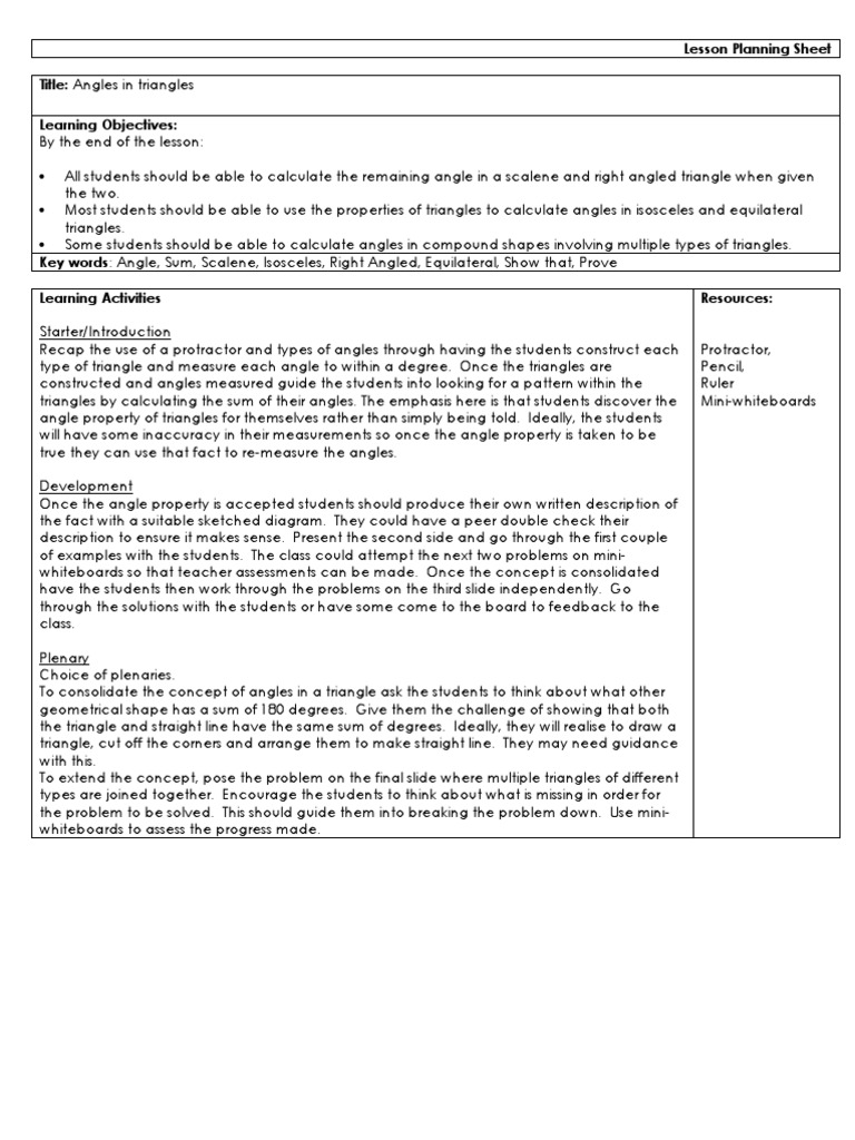 Lesson Planning Sheet Title: Angles in Triangles Learning Objectives ...