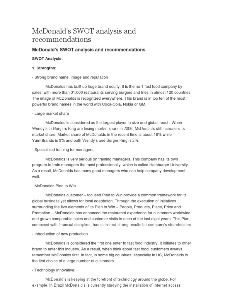 Mcdonald'S Swot Analysis and Recommendations | PDF | Mc Donald's | Fast ...