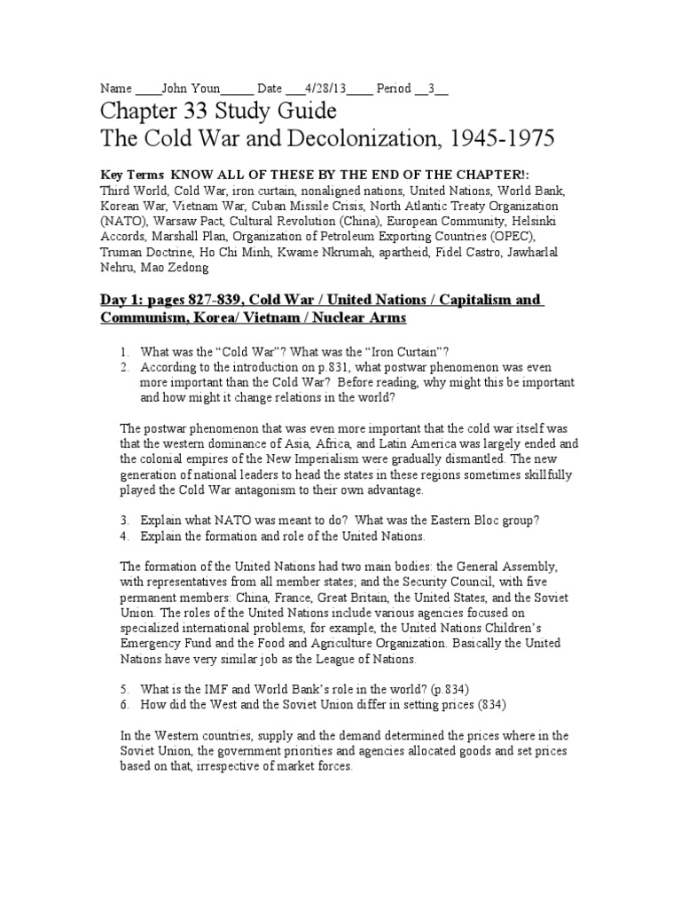 Chapter 33 Study Guide The Cold War and Decolonization, 1945-1975 | PDF ...