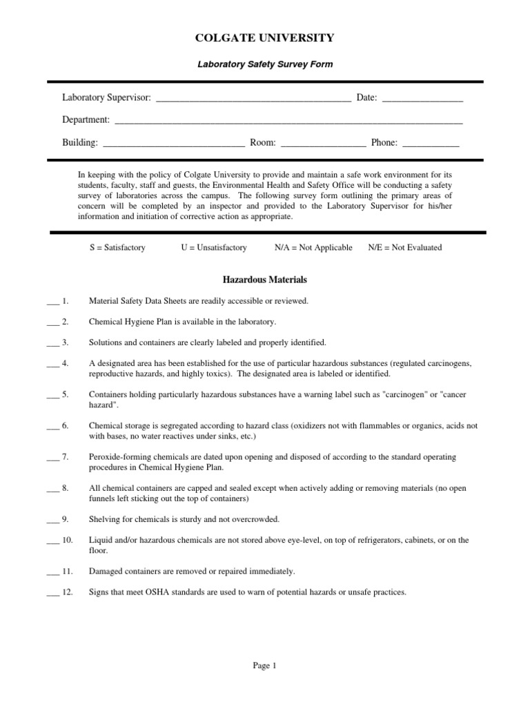 Colgate University: Laboratory Safety Survey Form | PDF | Laboratories ...