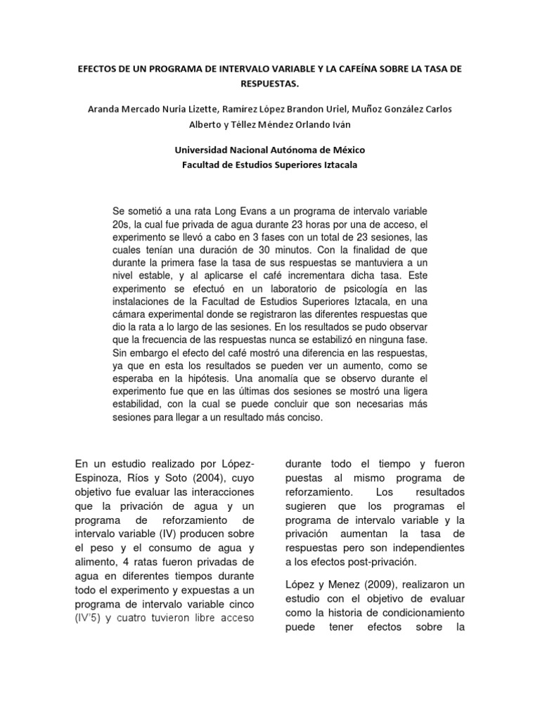 Efectos de Un Programa de Intervalo Variable y La Cafeína Sobre La Tasa ...