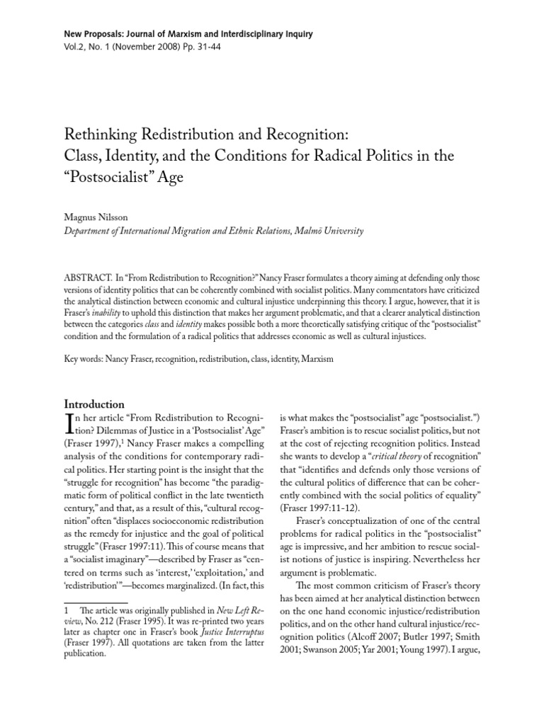 Rethinking Redistribution and Recognition: Class, Identity, and The ...
