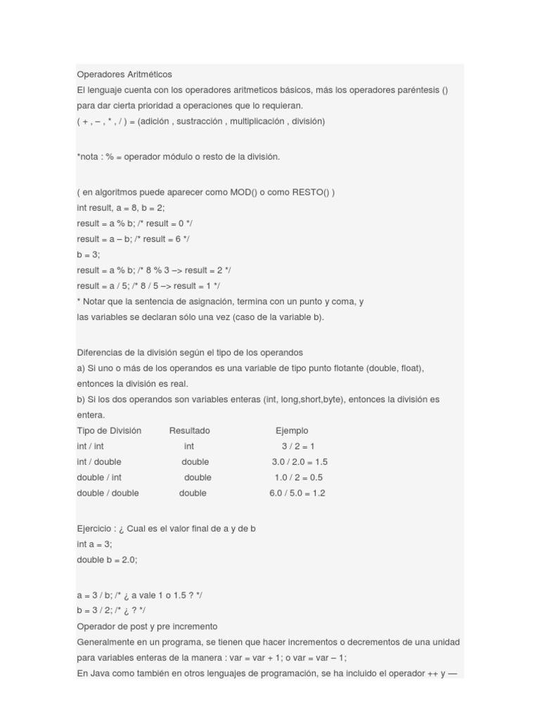 Operadores Aritméticos C++ | PDF | Variable (informática) | Java ...