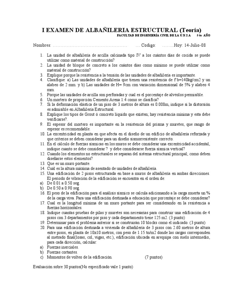Examen de Albañileria2008 | PDF | Albañilería | Ingeniería de Edificación