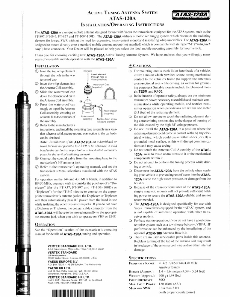 Yaesu ATAS-120A Antenna Manual | PDF | Very High Frequency | Antenna ...