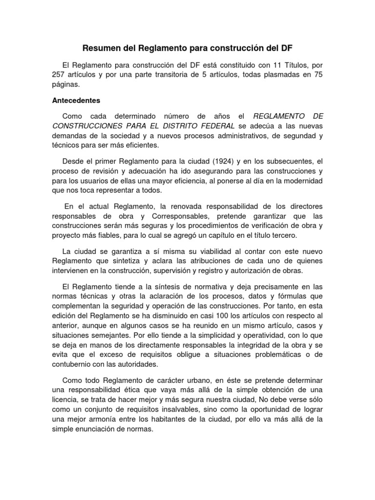 Resumen Del Reglamento para Construcción Del DF | PDF | Regulación | Calle