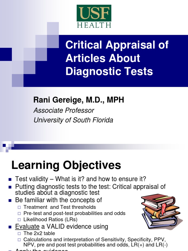 Critical Appraisal of Articles About Diagnostic Tests | Medical ...
