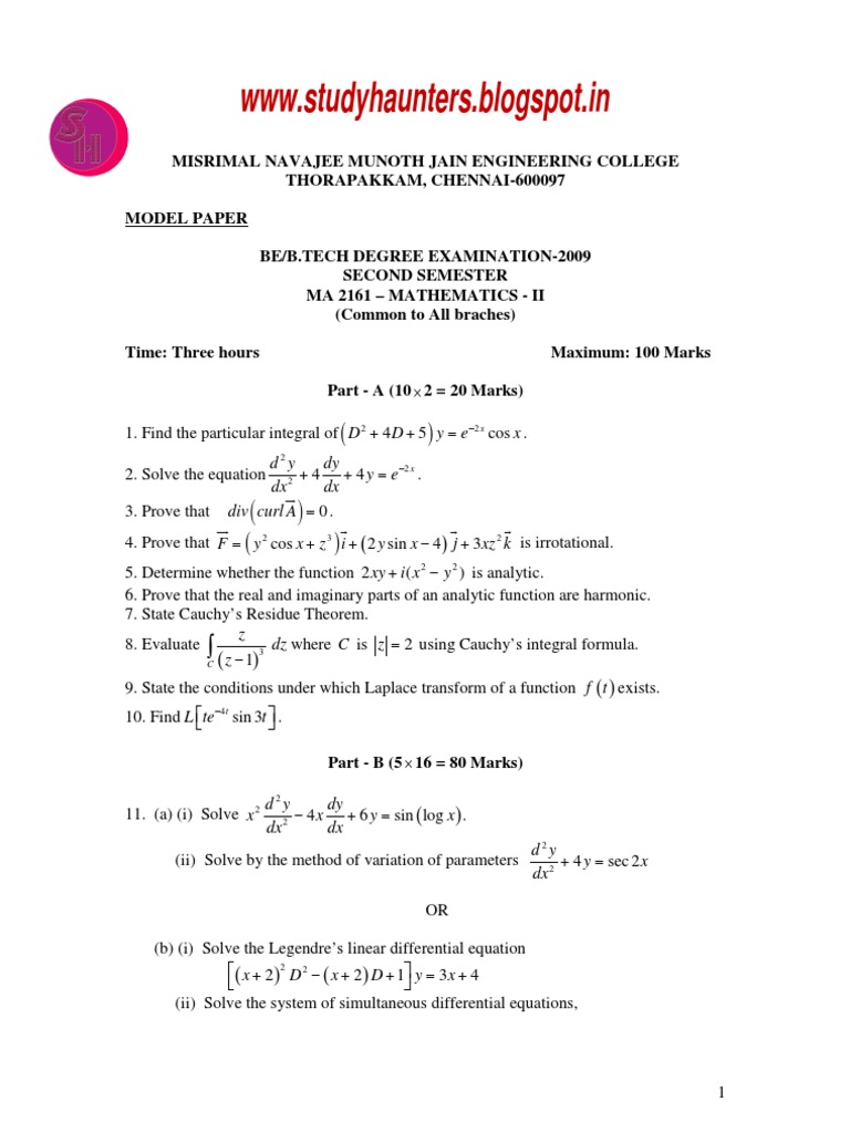 Engineering Mathematics II Model Question Paper Studyhaunters | PDF ...