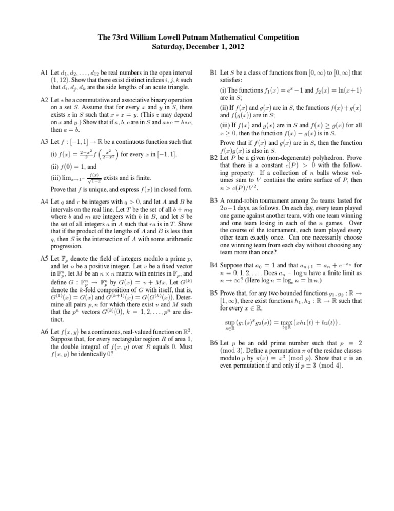 73rd Putnam Competition Problems | PDF | Mathematical Concepts ...