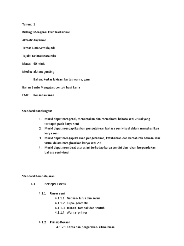 RPH KSSR DSV Tahun 1 (Kraf Tradisional) | PDF | Karier & Perkembangan