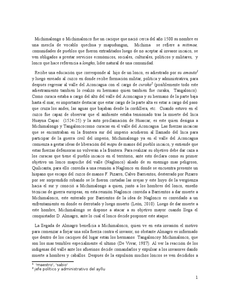 Michimalonco | PDF | Imperio Inca | Pueblos Indígenas de las Américas