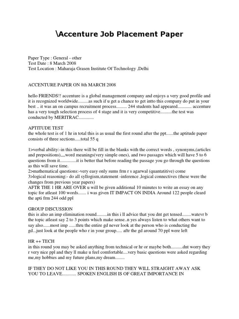 Accenture Job Placement Paper | PDF | Test (Assessment)