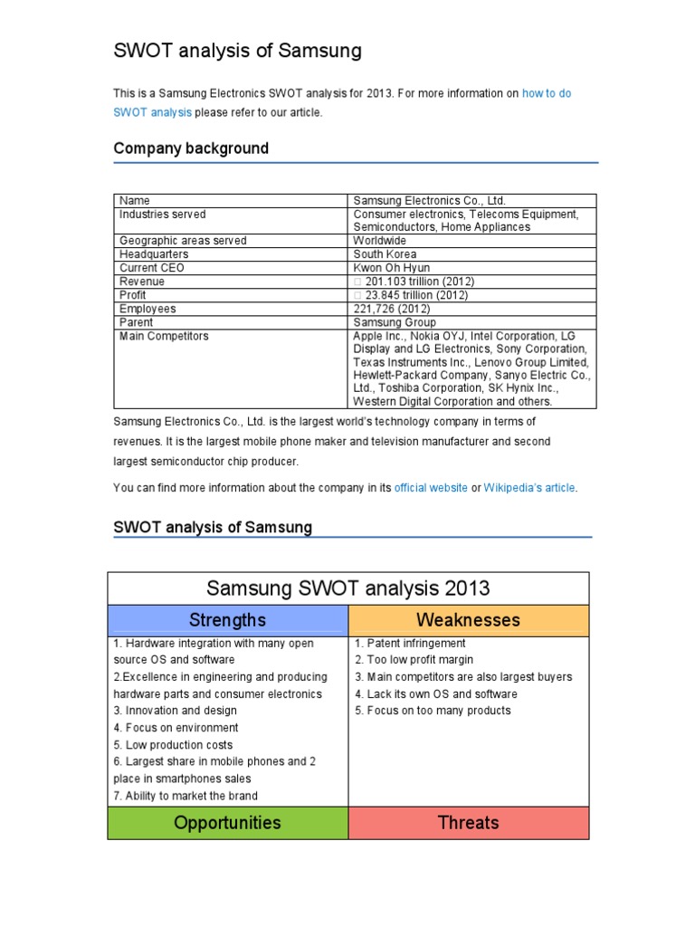 Samsung Swot Analysis | PDF | Samsung | Samsung Electronics