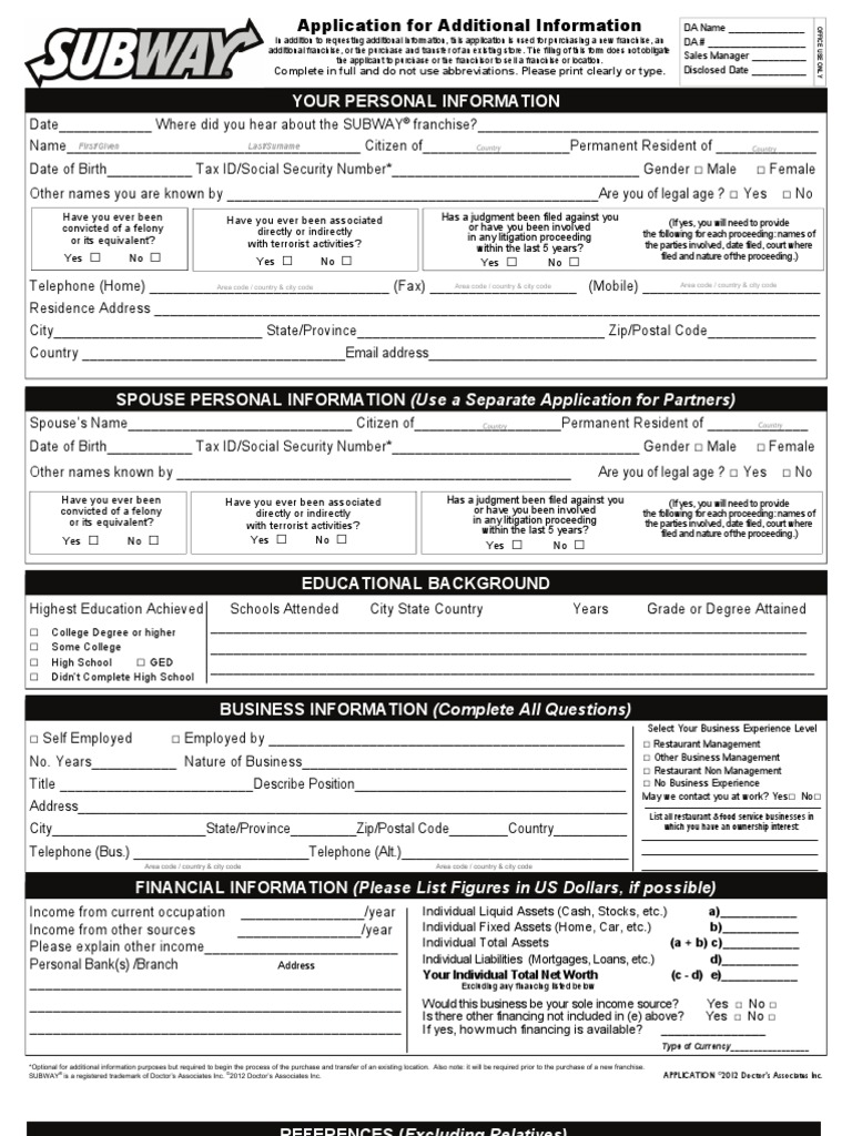 Subway Application Form | Franchising | Arbitration