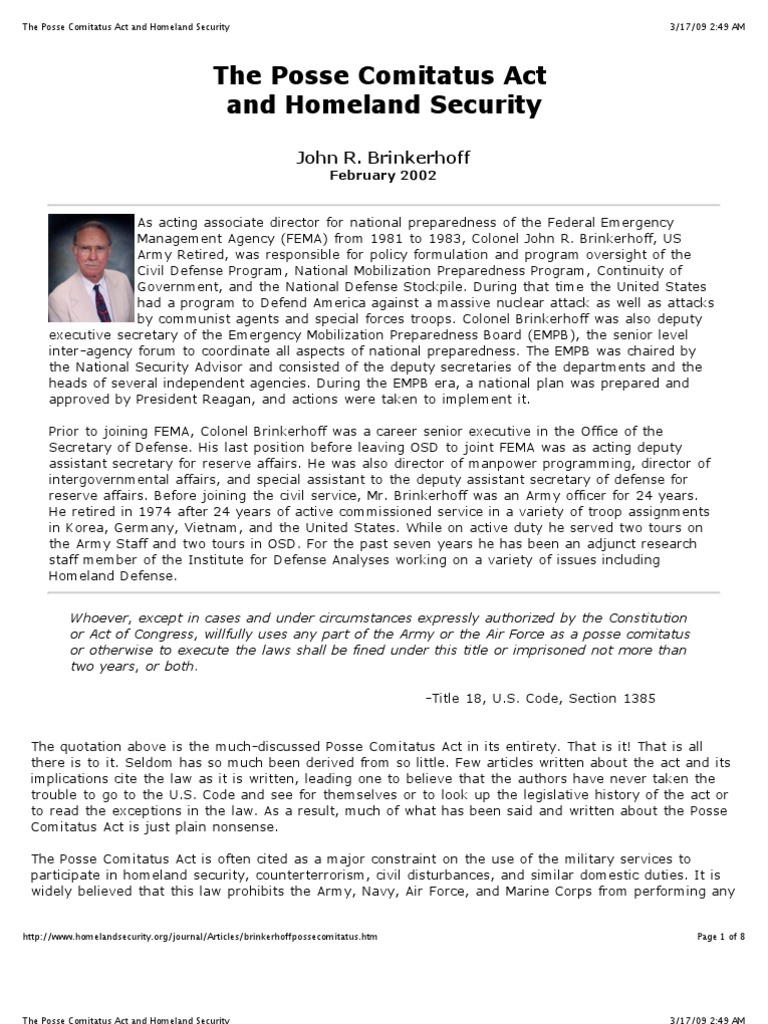 The Posse Comitatus Act and Homeland Security | PDF | Police | Military ...
