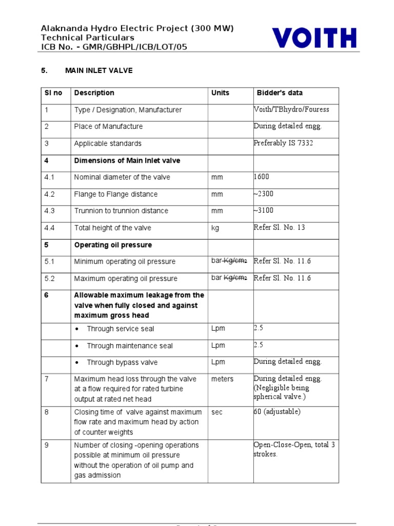 Main Inlet Valve Specifications for Hydro Plant | PDF | Valve | Energy ...