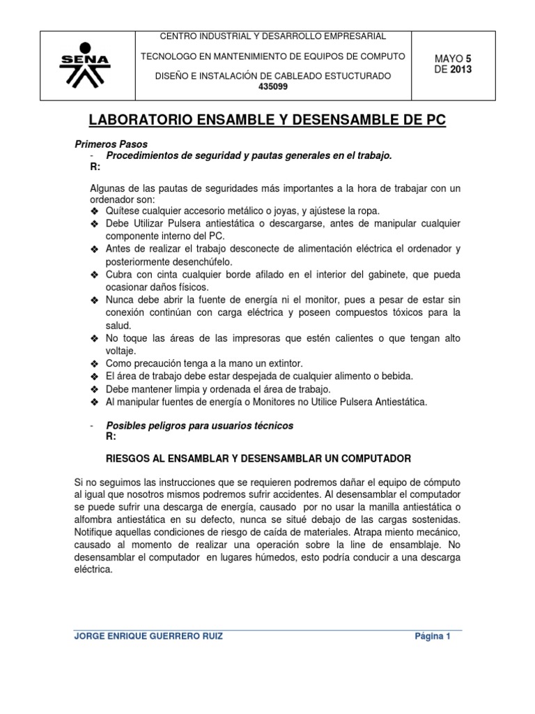 Laboratorio Ensamble y Desensamble de PC | Descargar gratis PDF | Apoyo ...