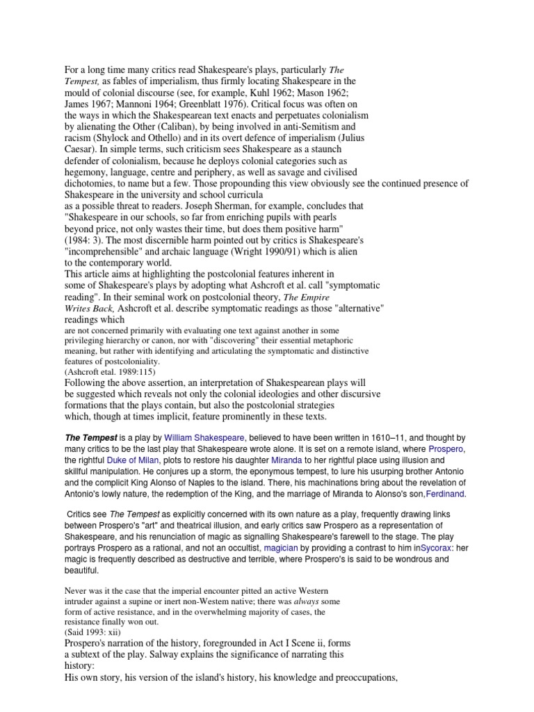 Postcolonial Themes in Shakespeare's Works | PDF | The Tempest